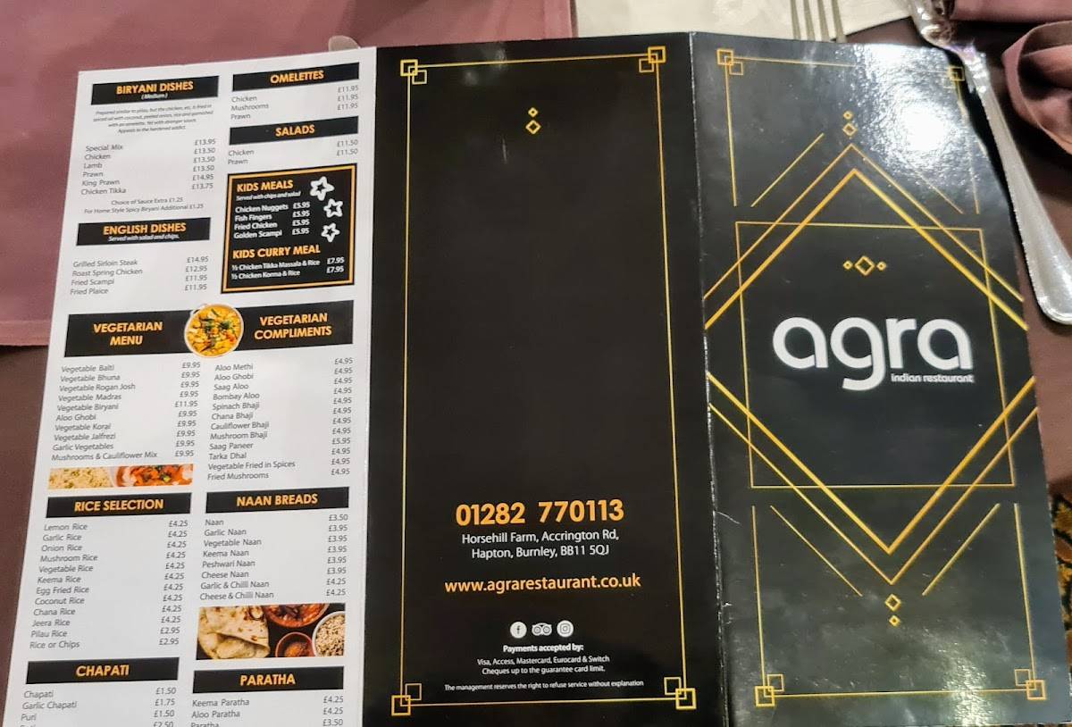 Menu at Agra Indian Restaurant, Burnley, Horse Hill Farm