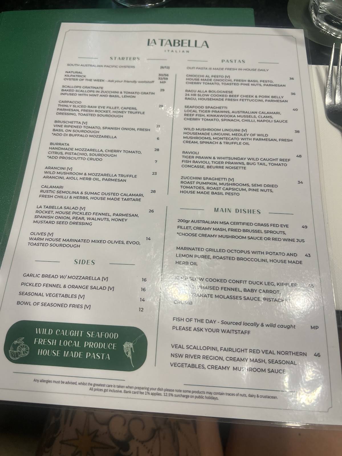 Menu at La Tabella Italian restaurant, Airlie Beach