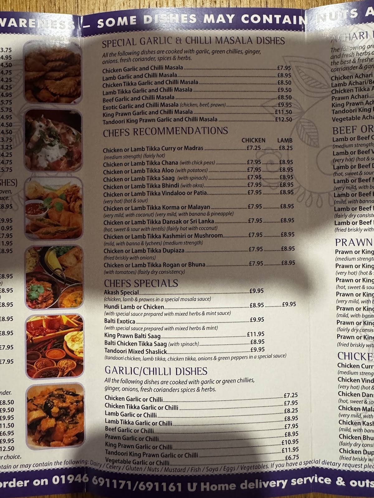 Menu at Akash Tandoori Restaurant, Whitehaven