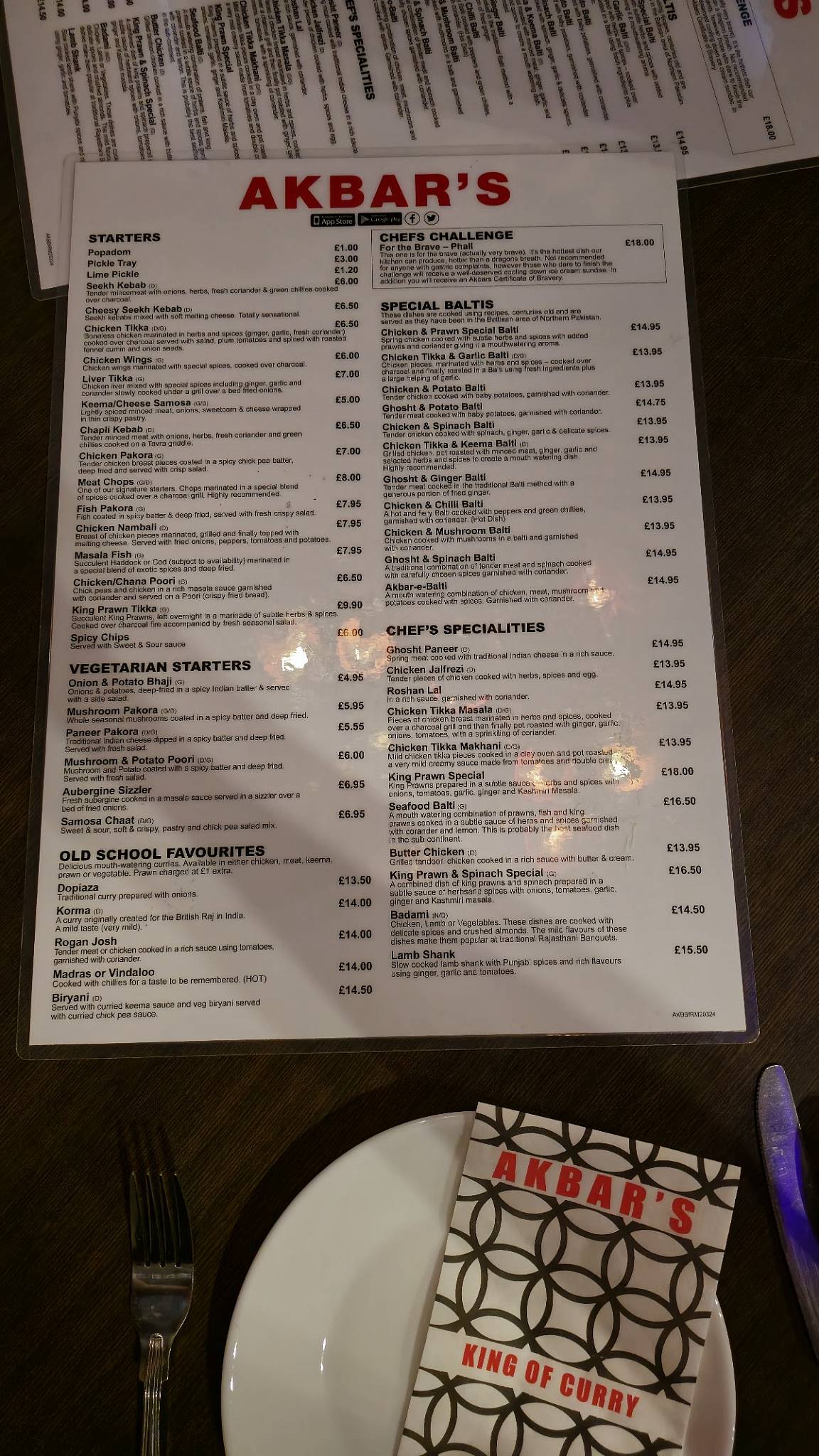 Menu at Akbar's Restaurant, Birmingham, 184 Hagley Rd
