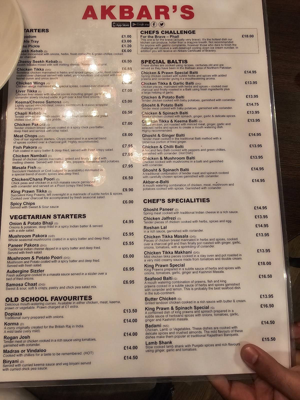 Menu at Akbar's Restaurant, Birmingham, 184 Hagley Rd