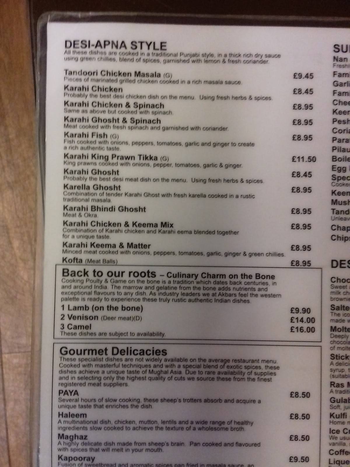 Menu at Akbar's Restaurant, Middlesbrough