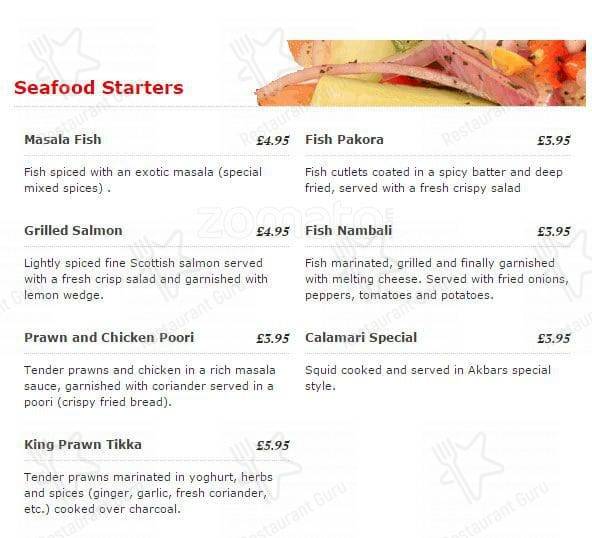 Menu at Akbar's Birmingham, Birmingham, 184 Hagley Rd