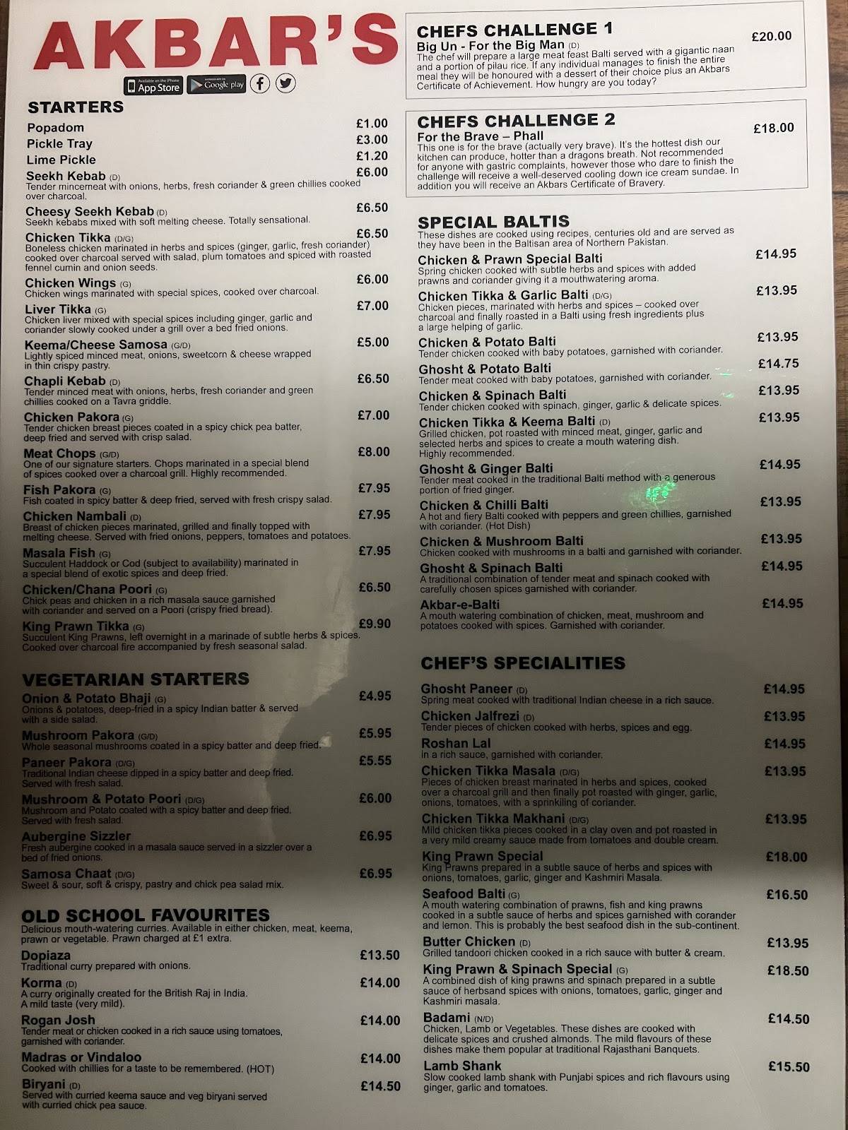 Menu at Akbar's Restaurant, Middlesbrough