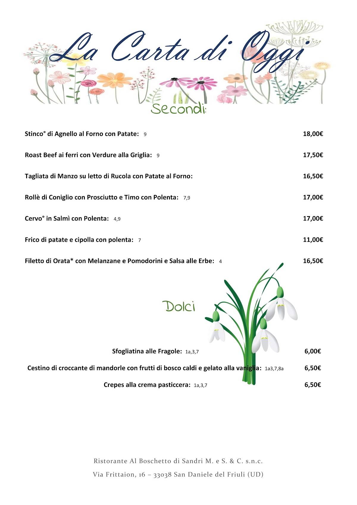 Menu da Al Boschetto ristorante, San Daniele del Friuli