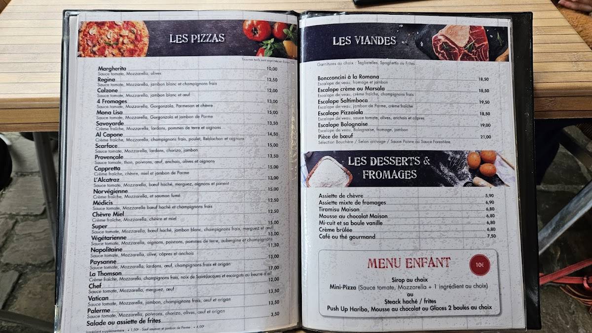 Menu au Al Capone restaurant, Saint-Léonard-des-Bois