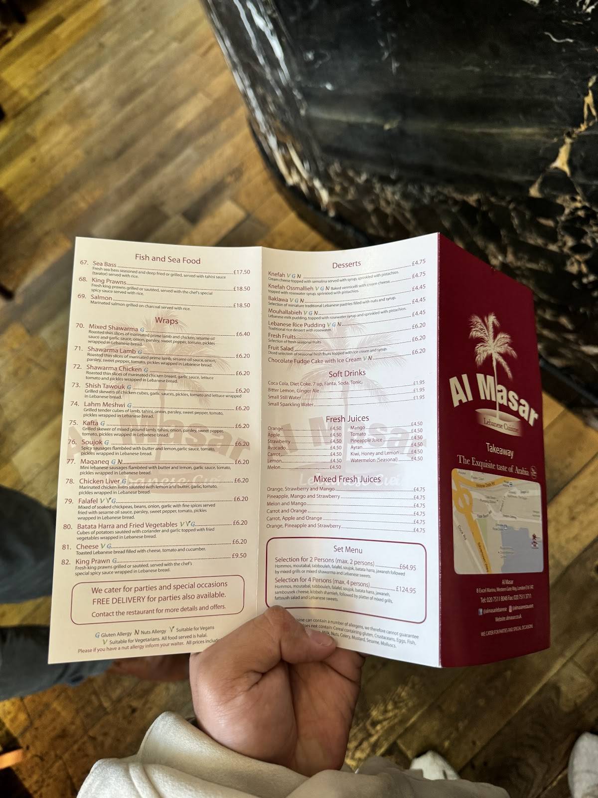 Menu at Al Masar Lebanese Restaurant, London, 8 Excel Marina