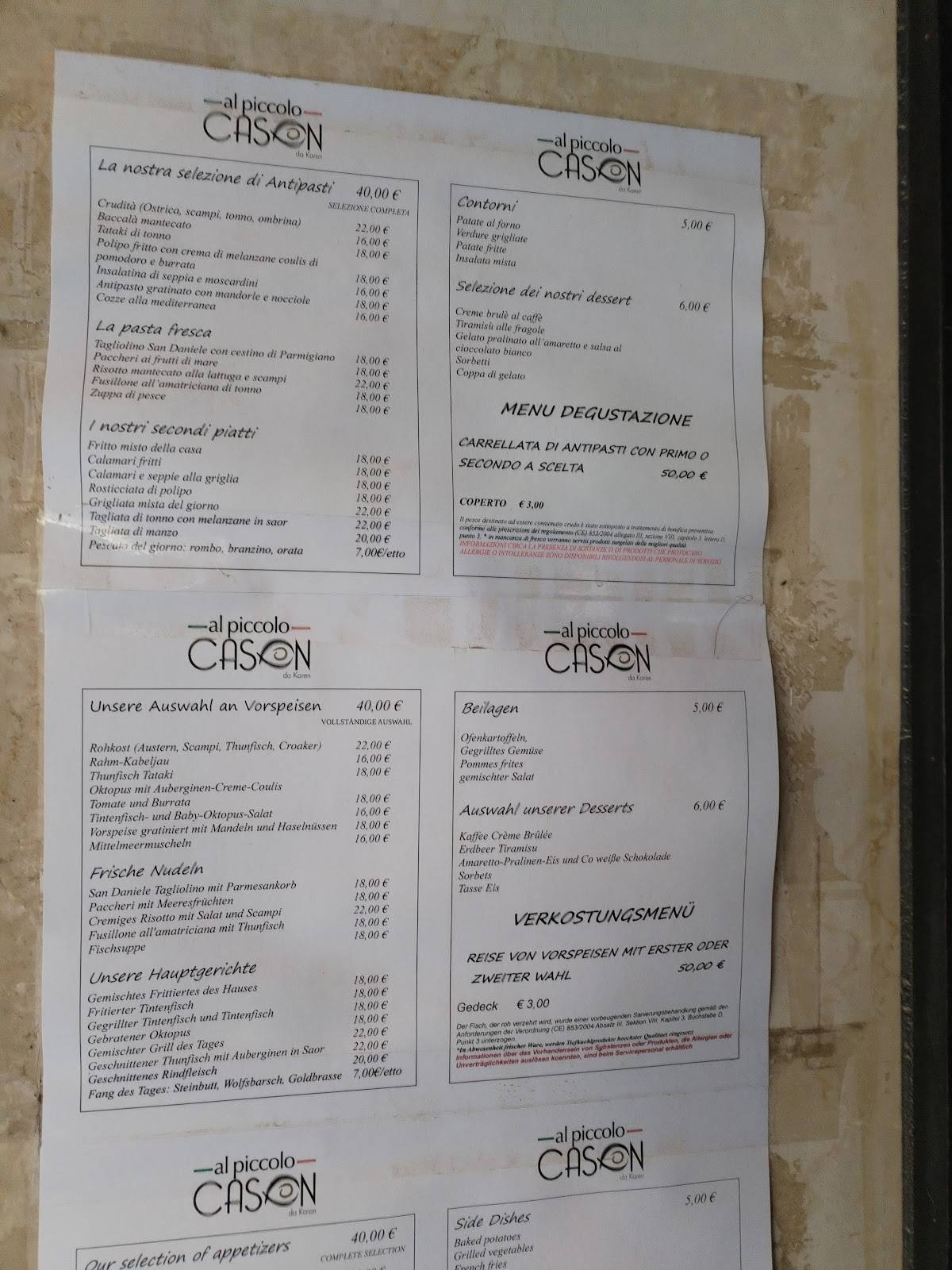 Menu at Al Piccolo Cason restaurant, Lignano Sabbiadoro