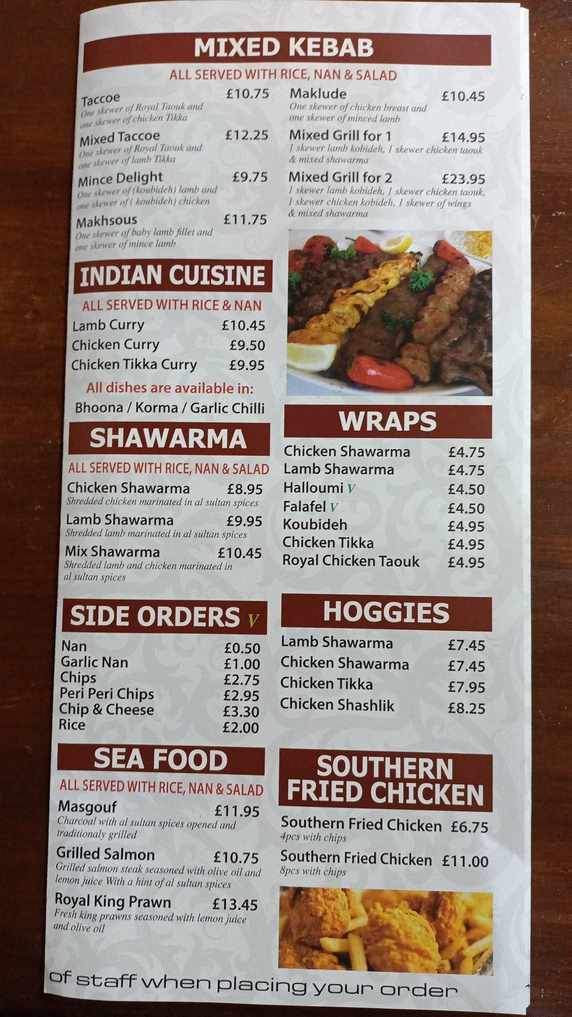 Menu at Al Sultan restaurant, Glasgow