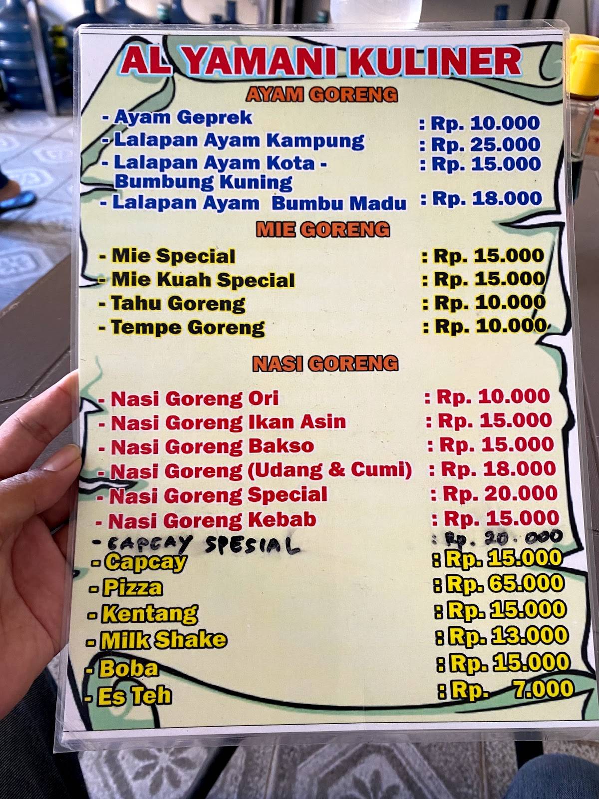 Menu at Al Yamani Kuliner restaurant, Indonesia
