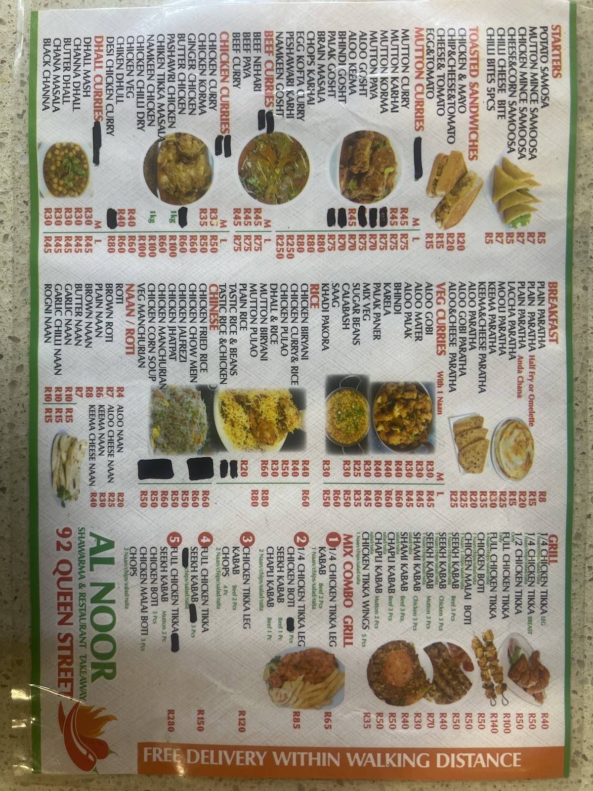 Menu at Al noor shawarma & takeaway, Durban