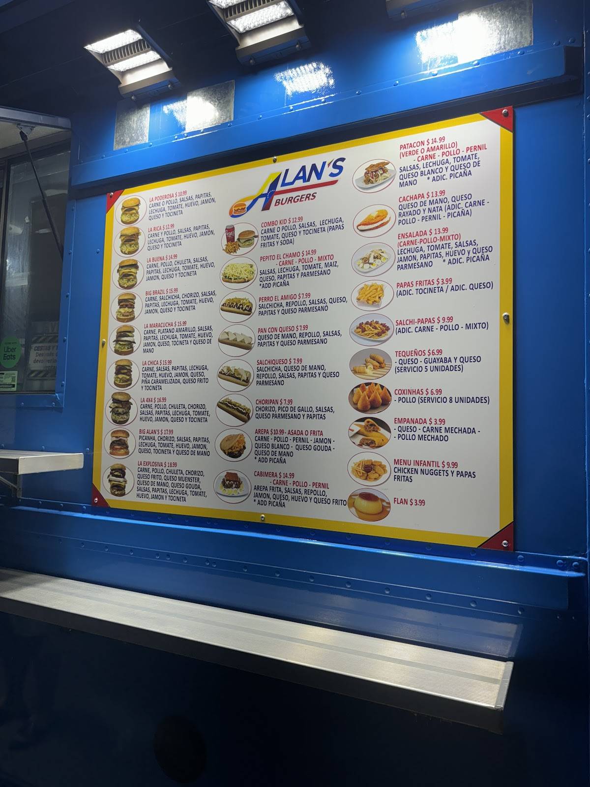 Menu at Alan's Burgers fast food, Orlando
