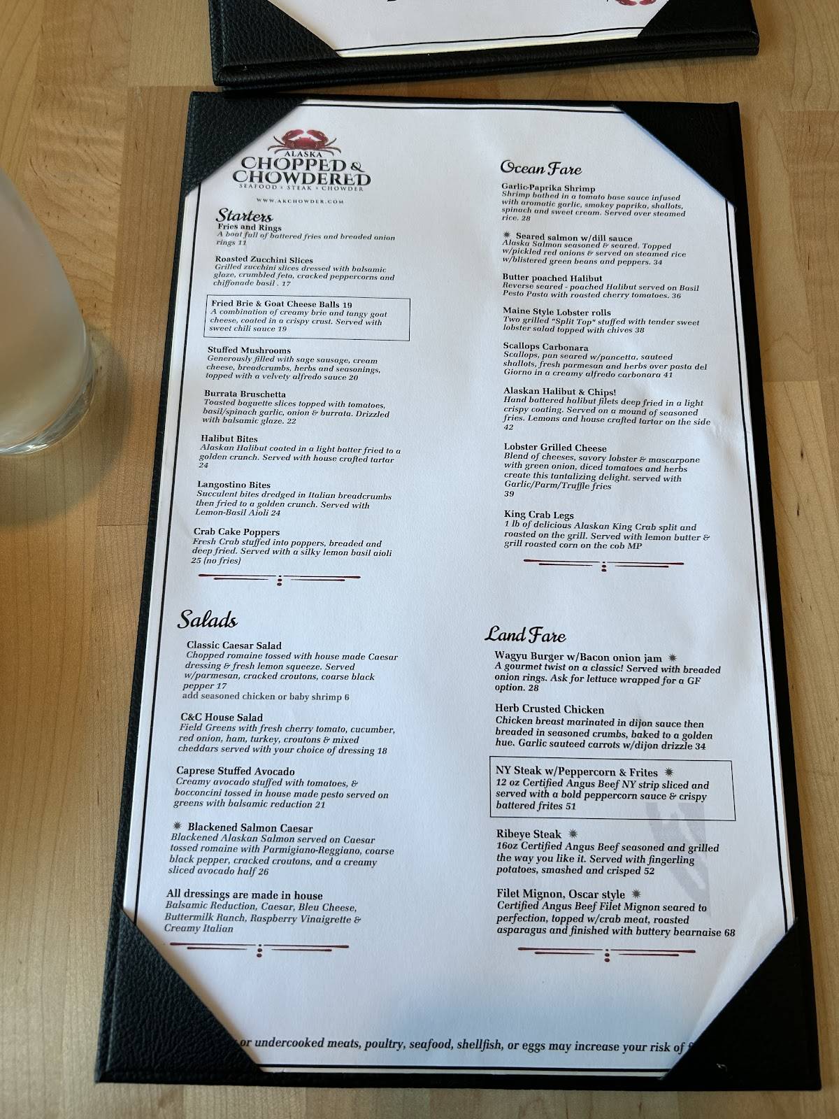 Menu at Alaska Chopped and Chowdered steakhouse, Anchorage
