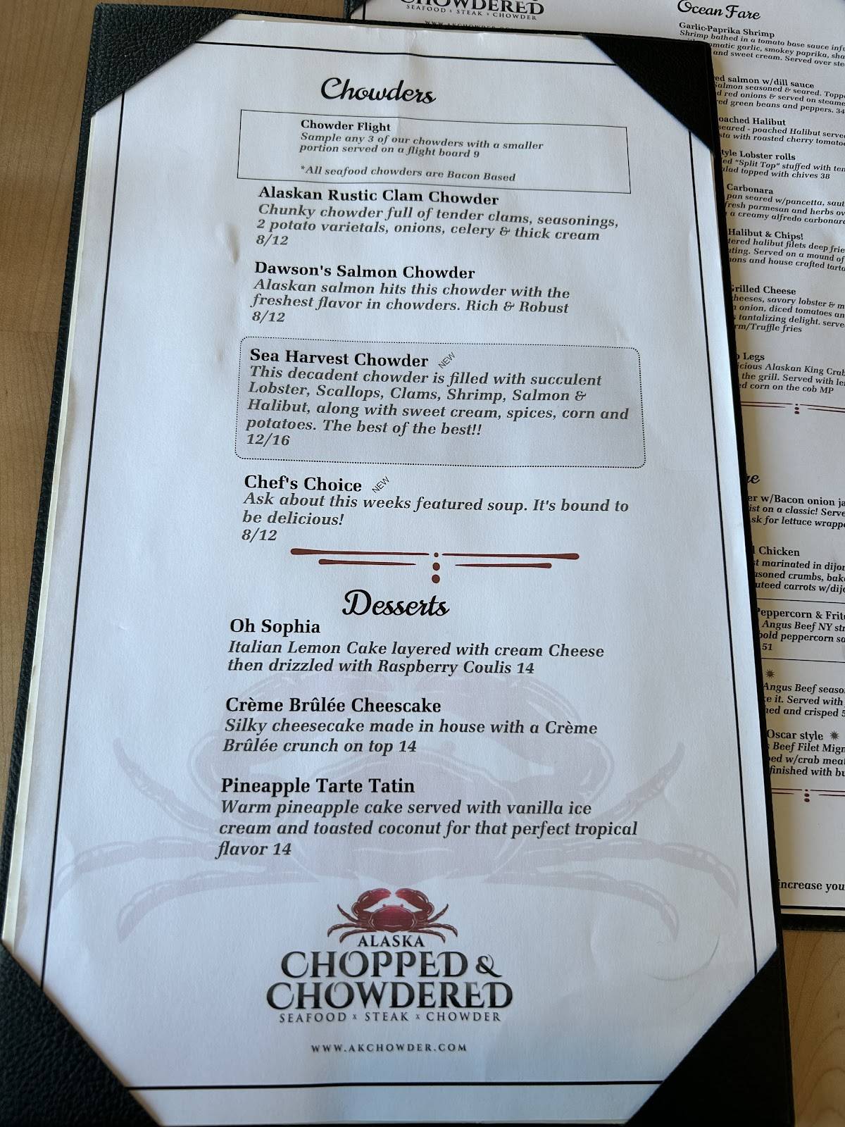 Menu at Alaska Chopped and Chowdered steakhouse, Anchorage