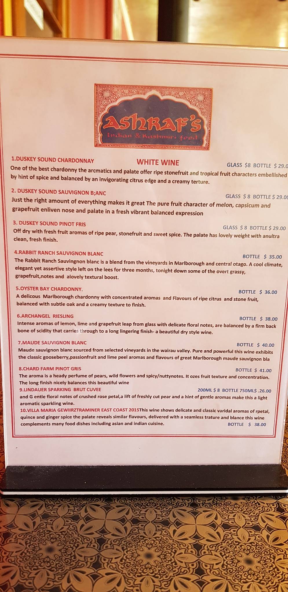 Menu at Ashraf's restaurant, Wanaka