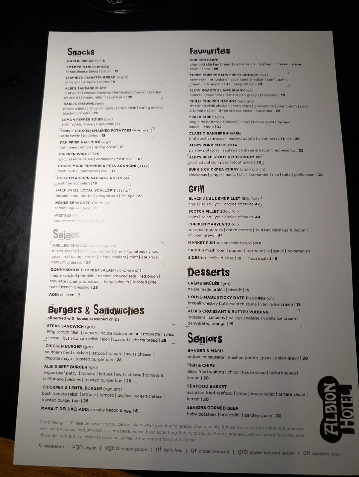 Menu at Albion Hotel restaurant, Cottesloe