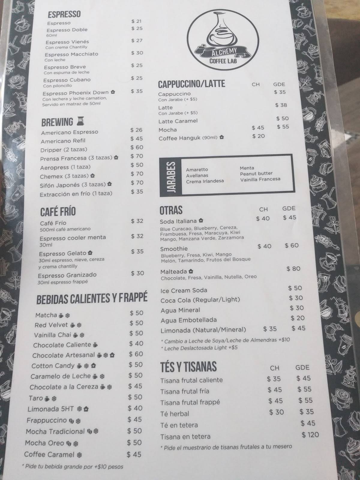 Carta de cafetería Alchemy Coffee Lab, Monterrey, Bruselas 902