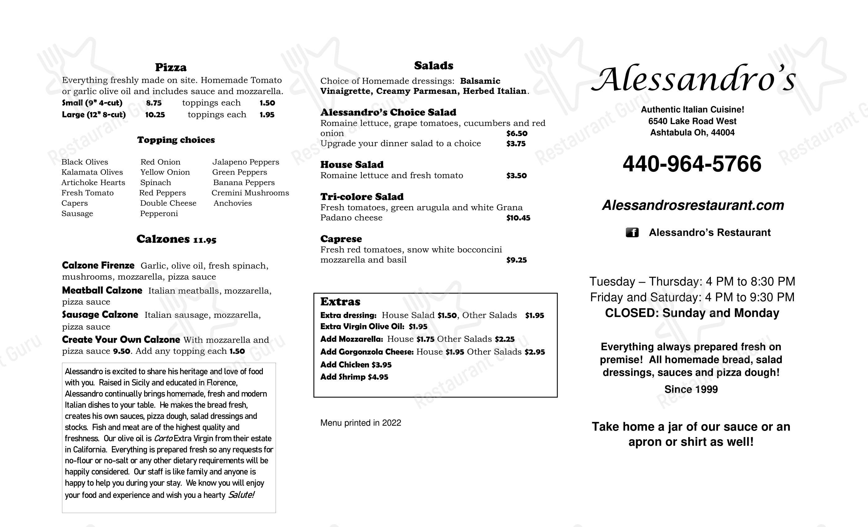Menu at Alessandro's restaurant, Geneva-on-the-Lake