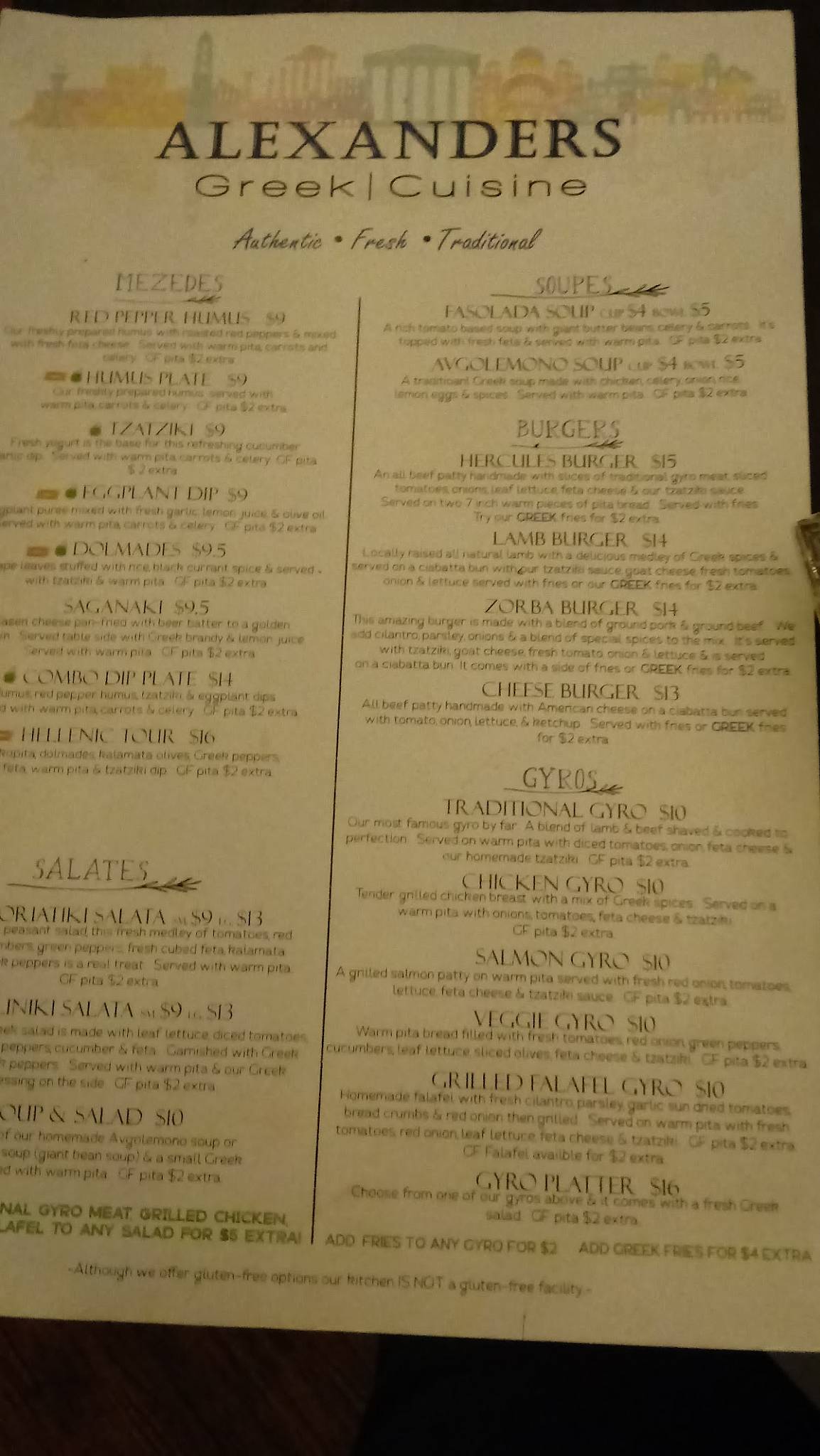 Menu at Alexander's Greek Cuisine restaurant, Roseburg