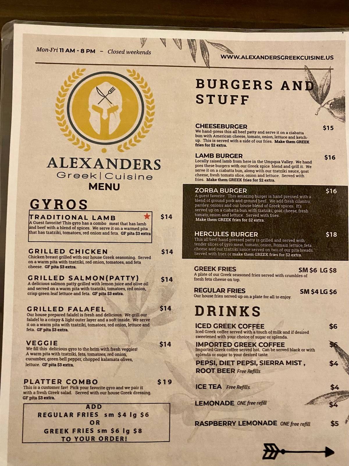Menu at Alexander's Greek Cuisine restaurant, Roseburg