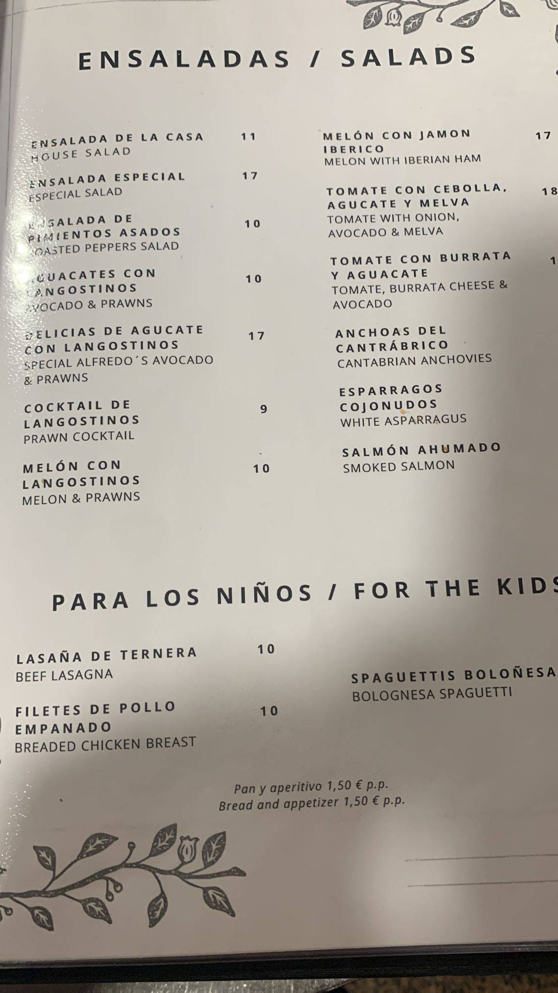 Menu at Alfredo Bar Restaurant, San Pedro de Alcántara