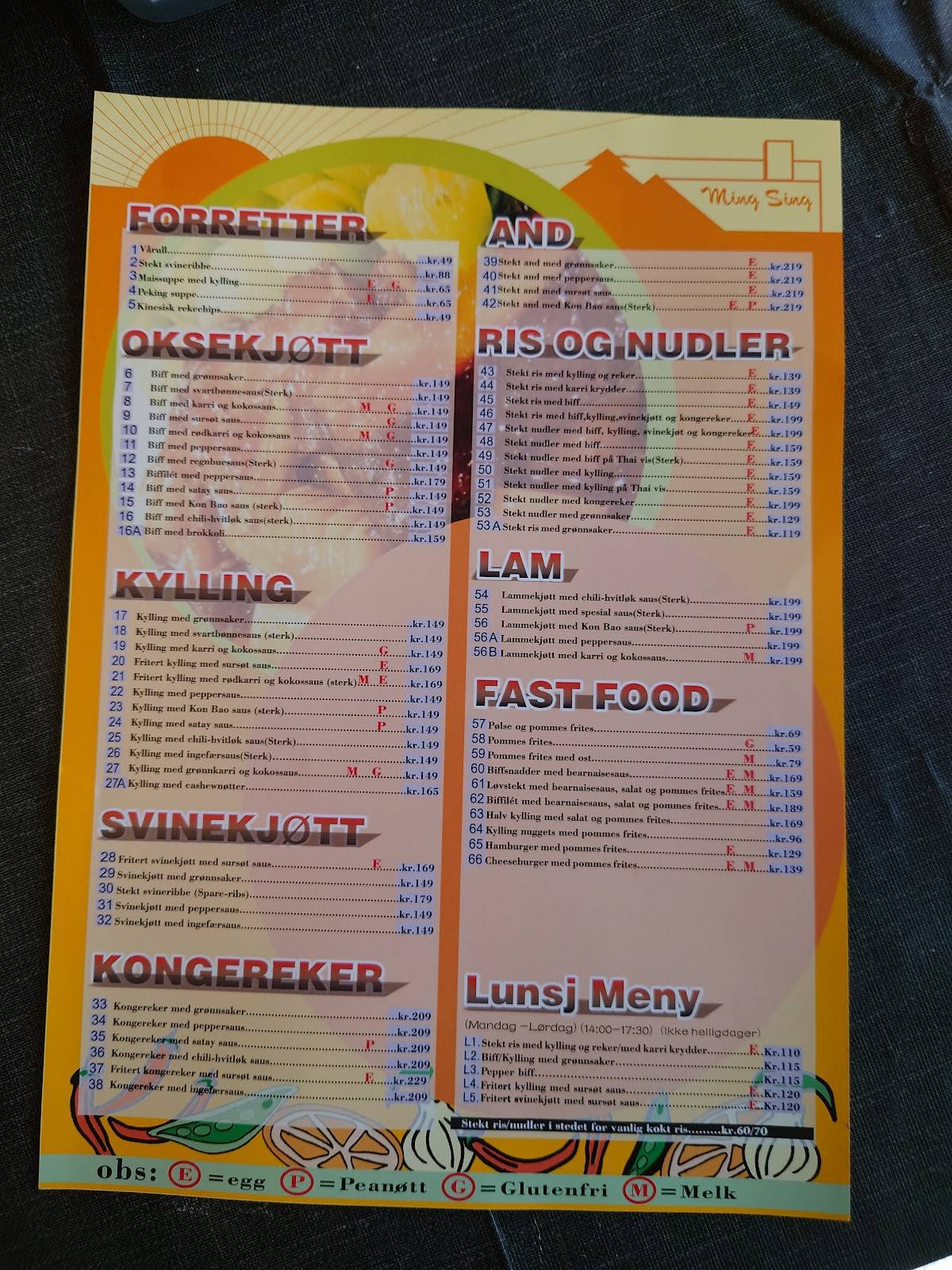 Menu at Ming Sing restaurant, Ålgård