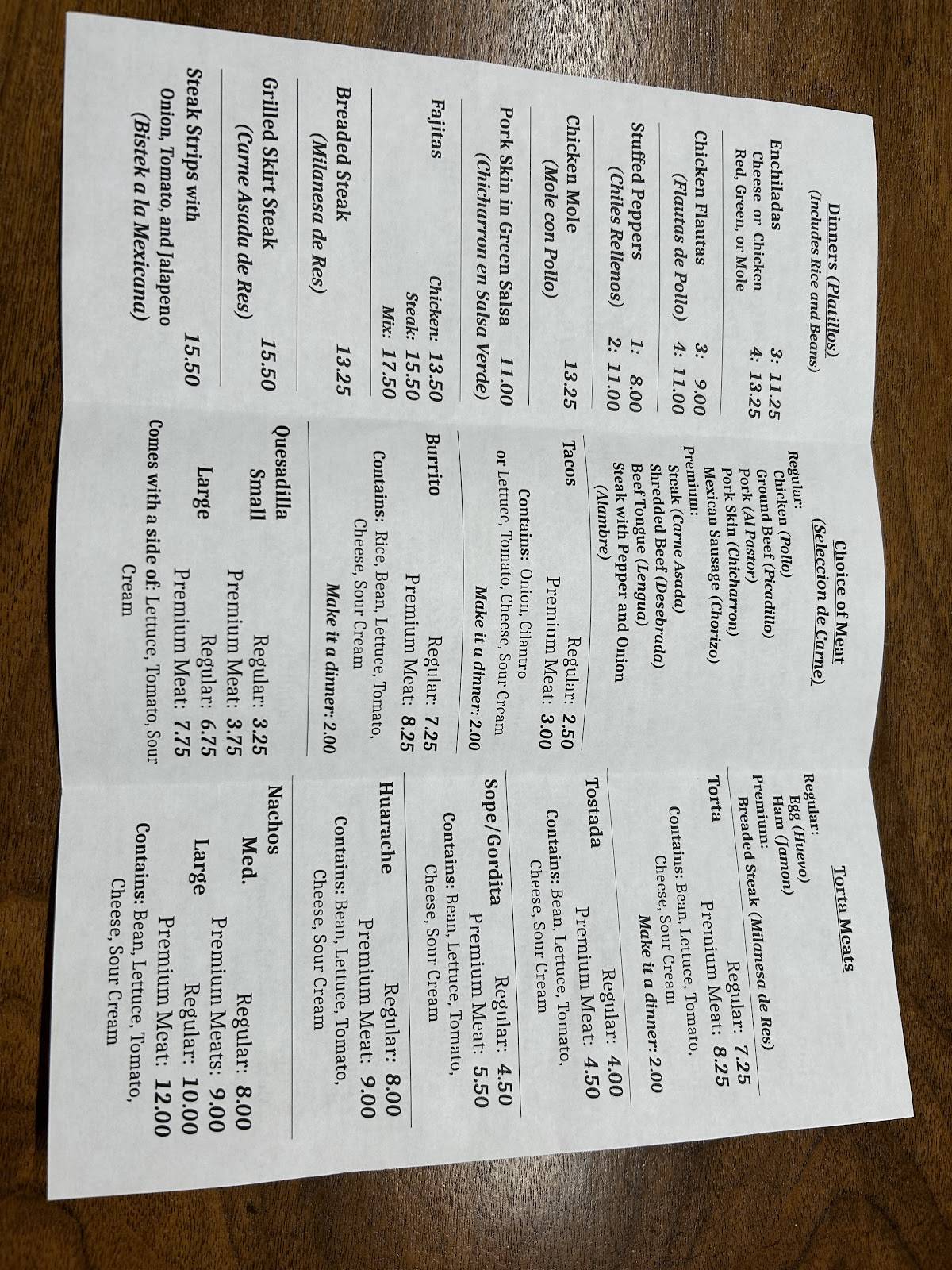 Menu at Algonquin Mexican Restaurant, Algonquin