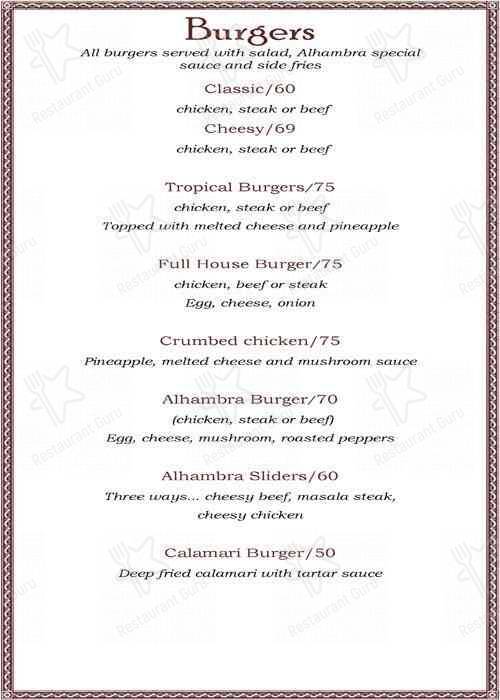 Menu at Alhambra Restaurant, Cape Town