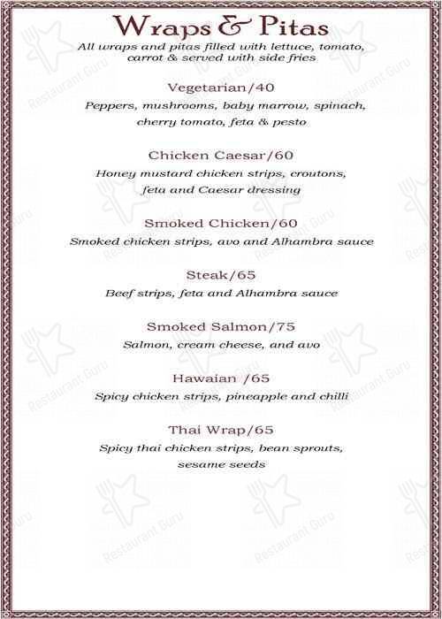 Menu at Alhambra Restaurant, Cape Town