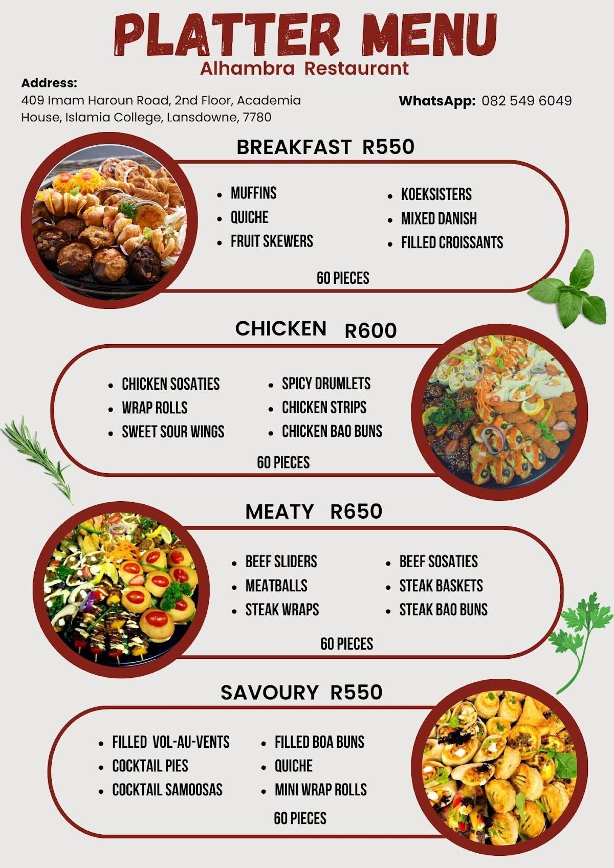 Menu at Alhambra Restaurant, Cape Town