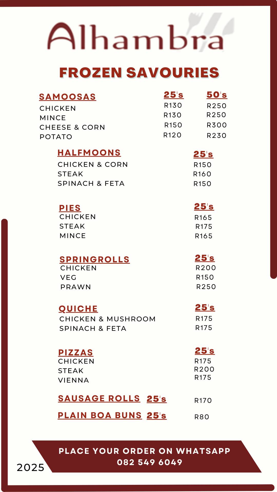Menu at Alhambra Restaurant, Cape Town