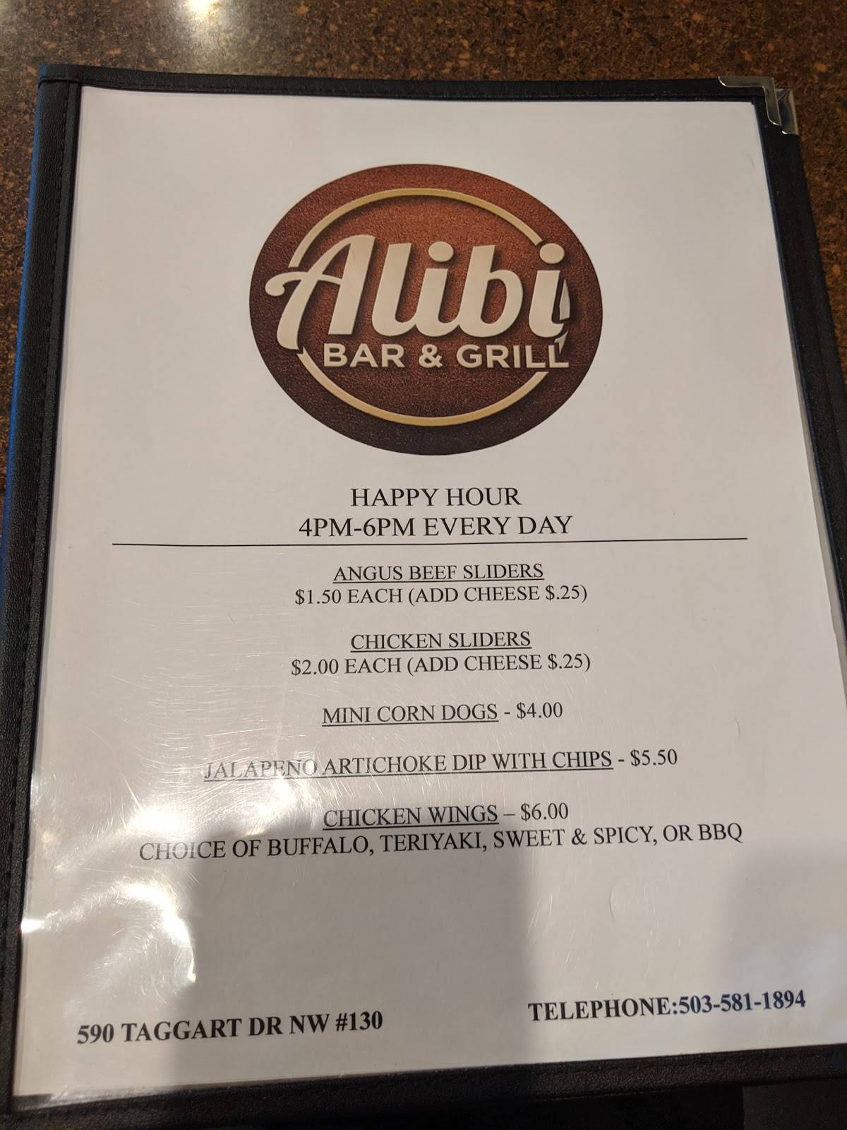 Menu at Alibi Bar & Grill, Salem, 590 Taggart Dr