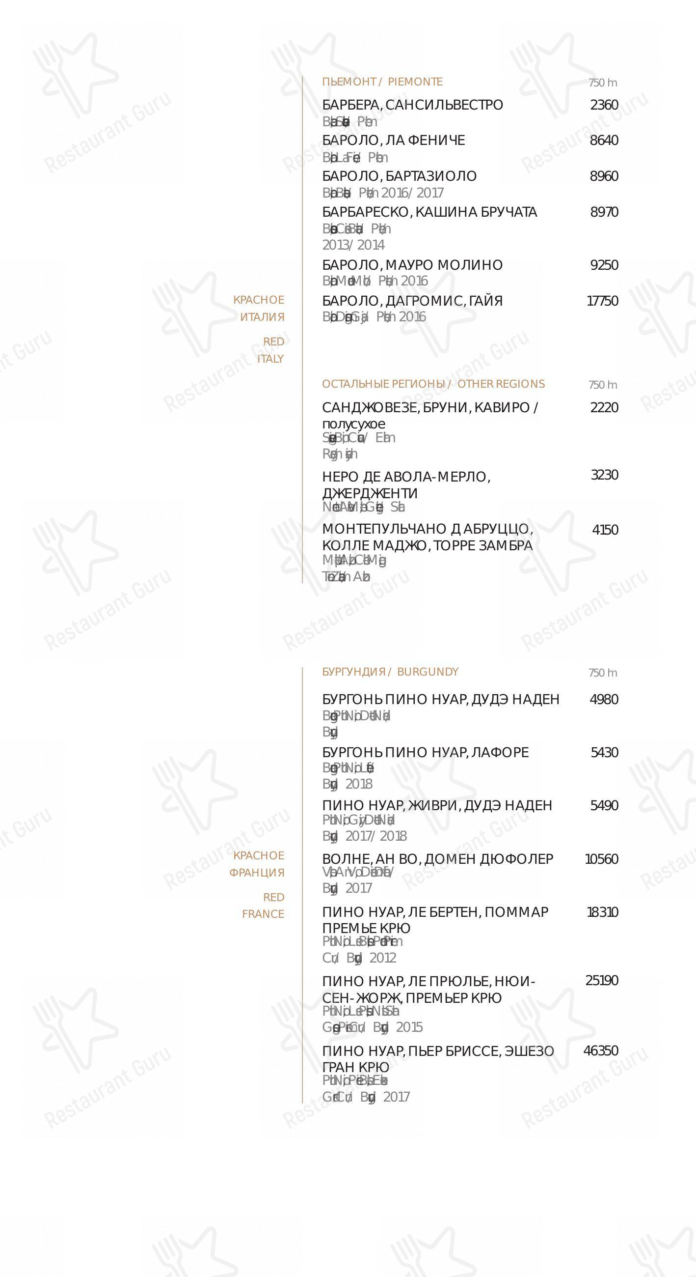 Menu au Alice Garden restaurant, Saint-Petersbourg