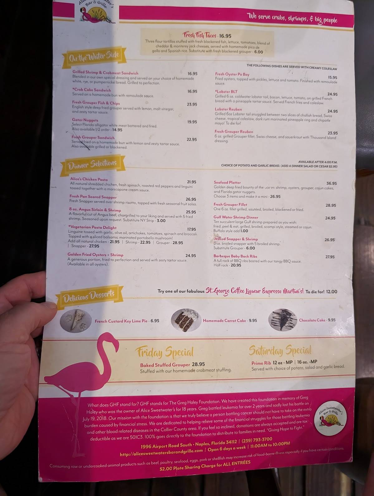 Menu at Alice Sweetwater's Bar & Grille, Naples