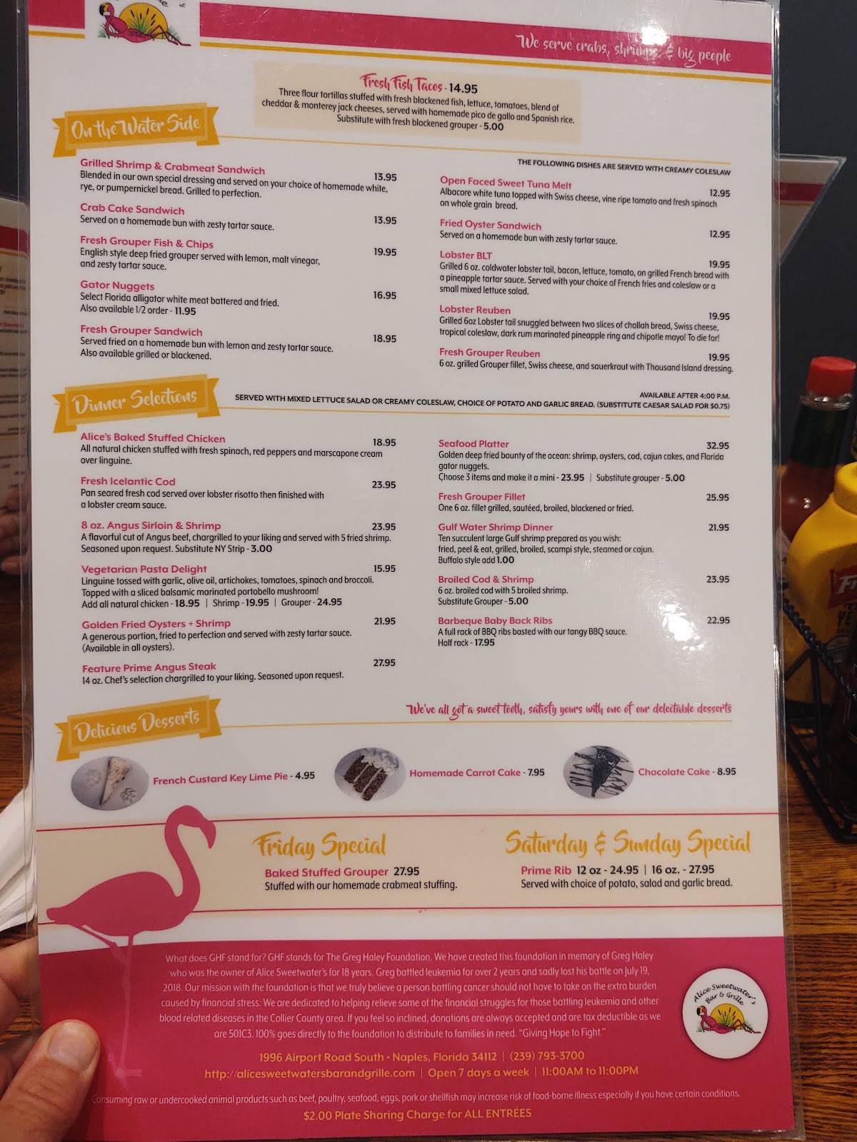 Menu at Alice Sweetwater's Bar & Grille, Naples