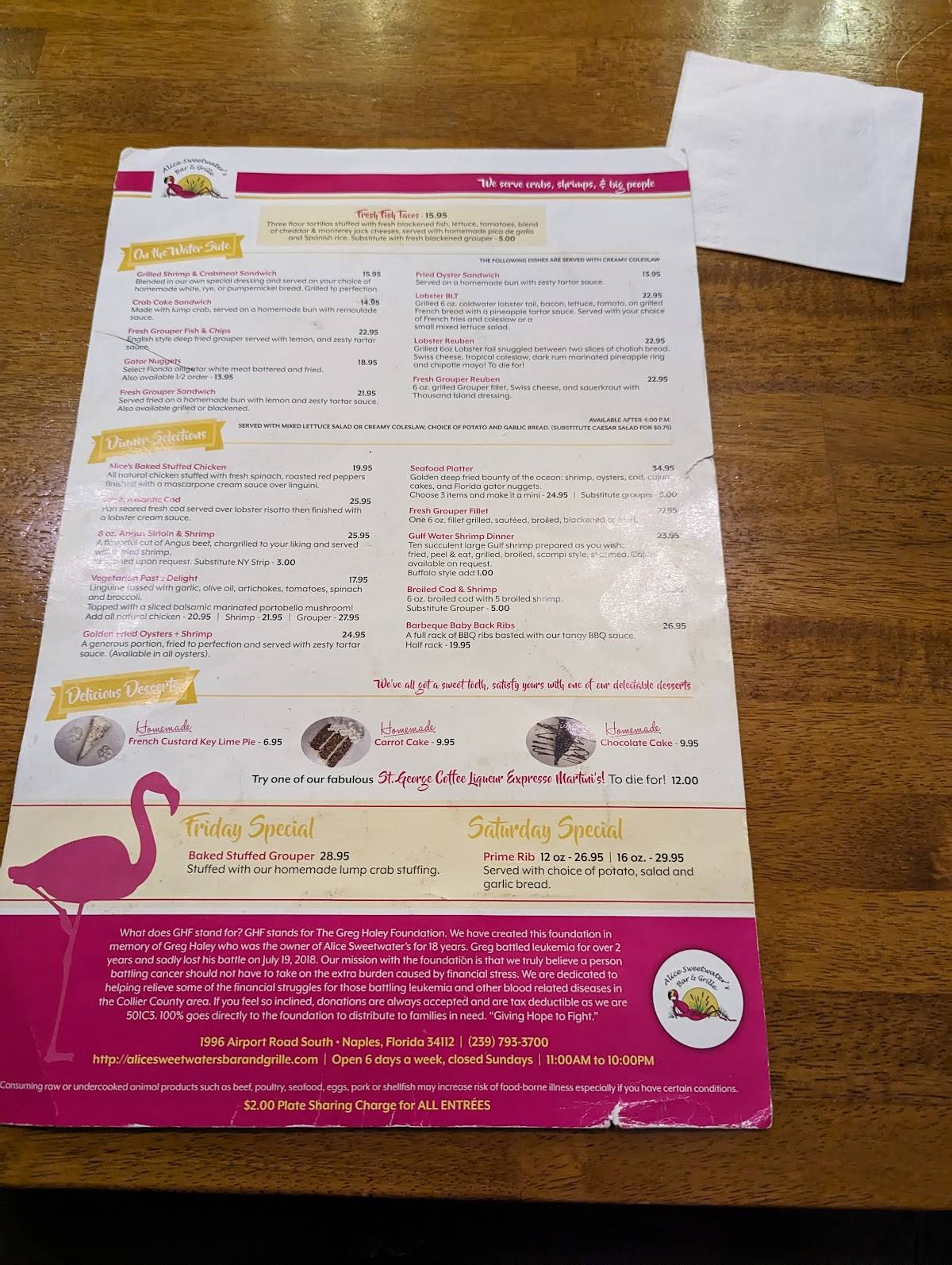 Menu at Alice Sweetwater's Bar & Grille, Naples