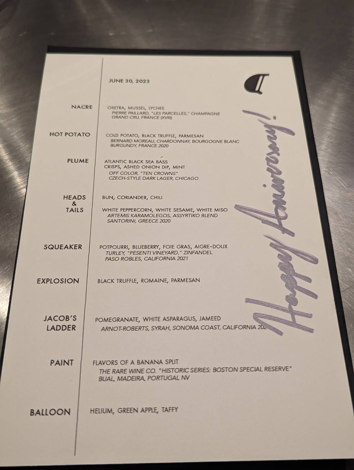 Menu at Alinea restaurant, Chicago, N Halsted St