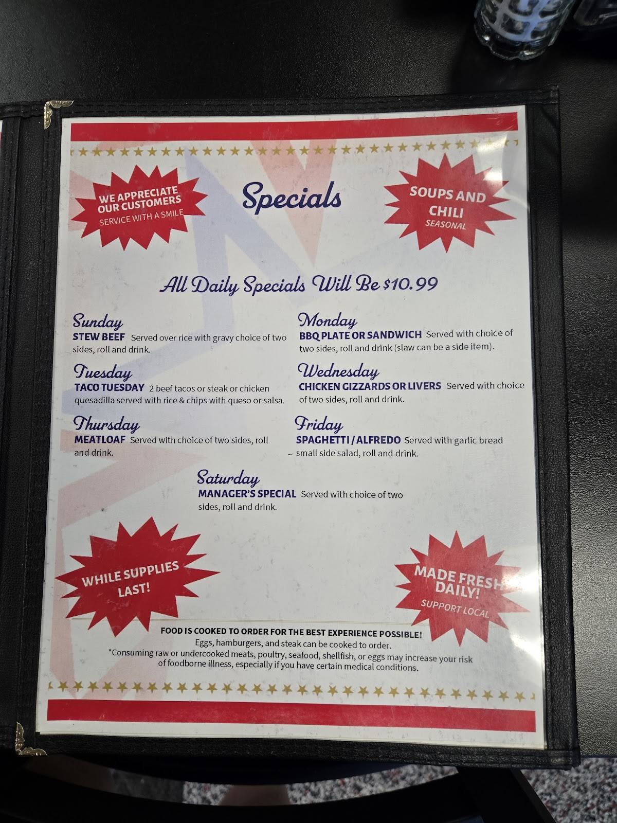 Menu at All American Griddle restaurant, White Lake