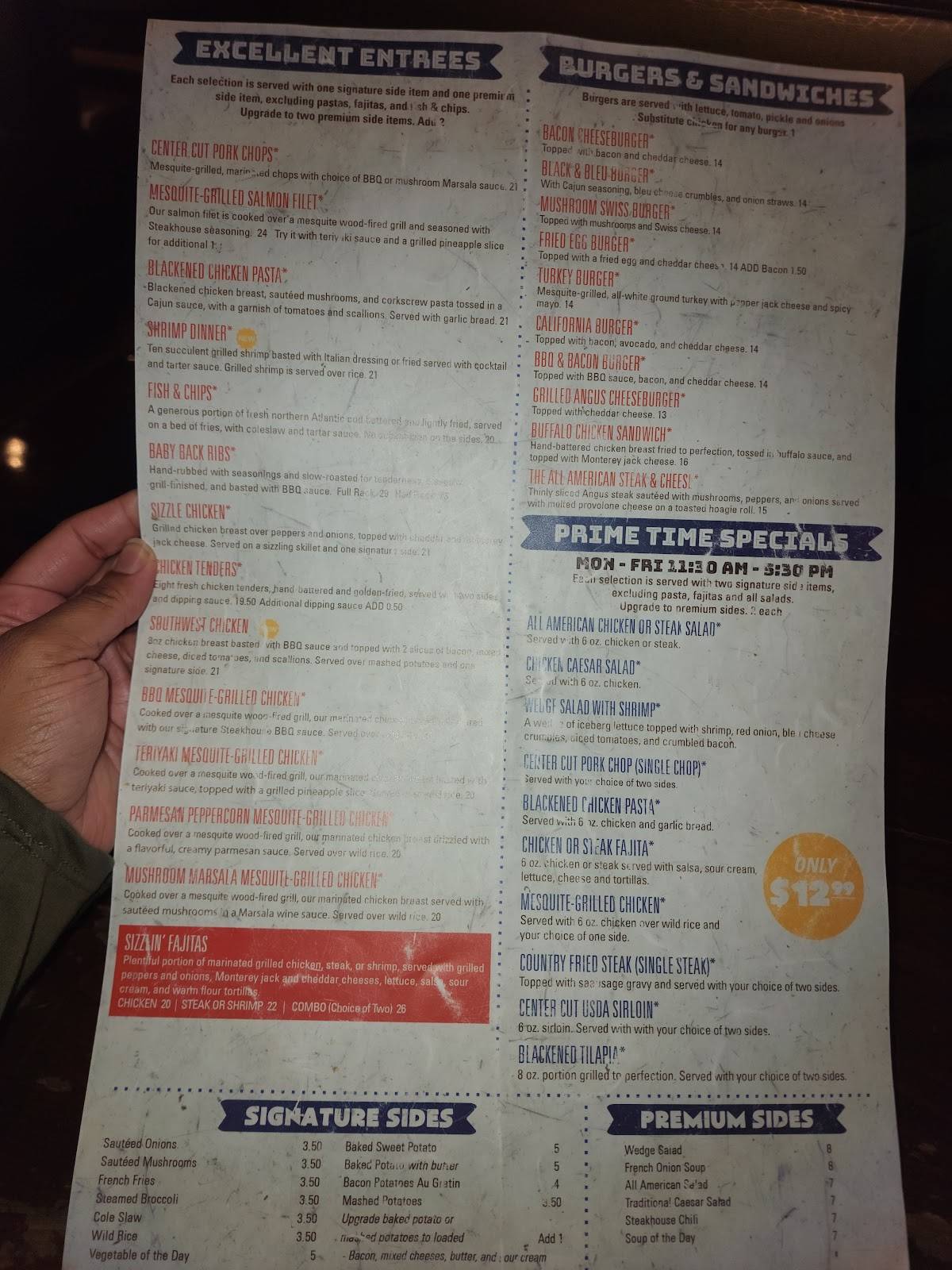 Menu at All American Steakhouse, USA