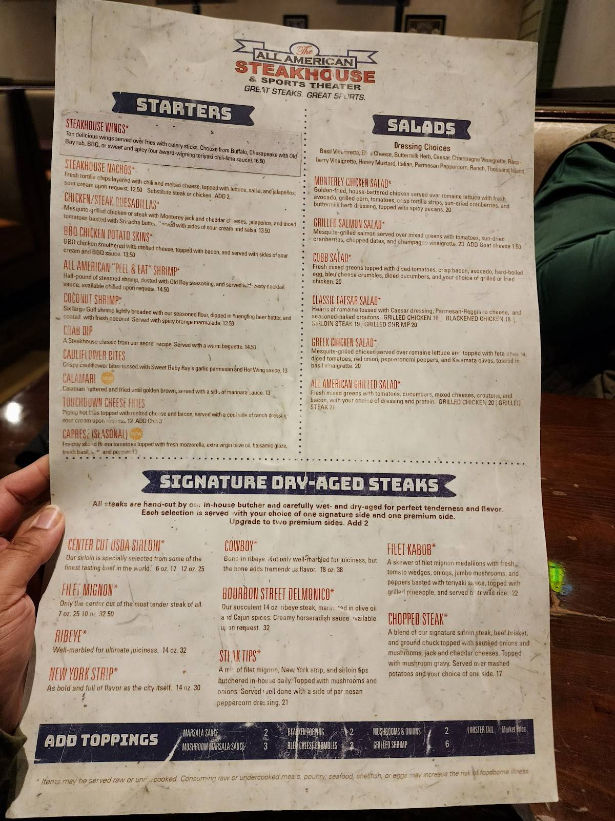 Menu at All American Steakhouse, USA