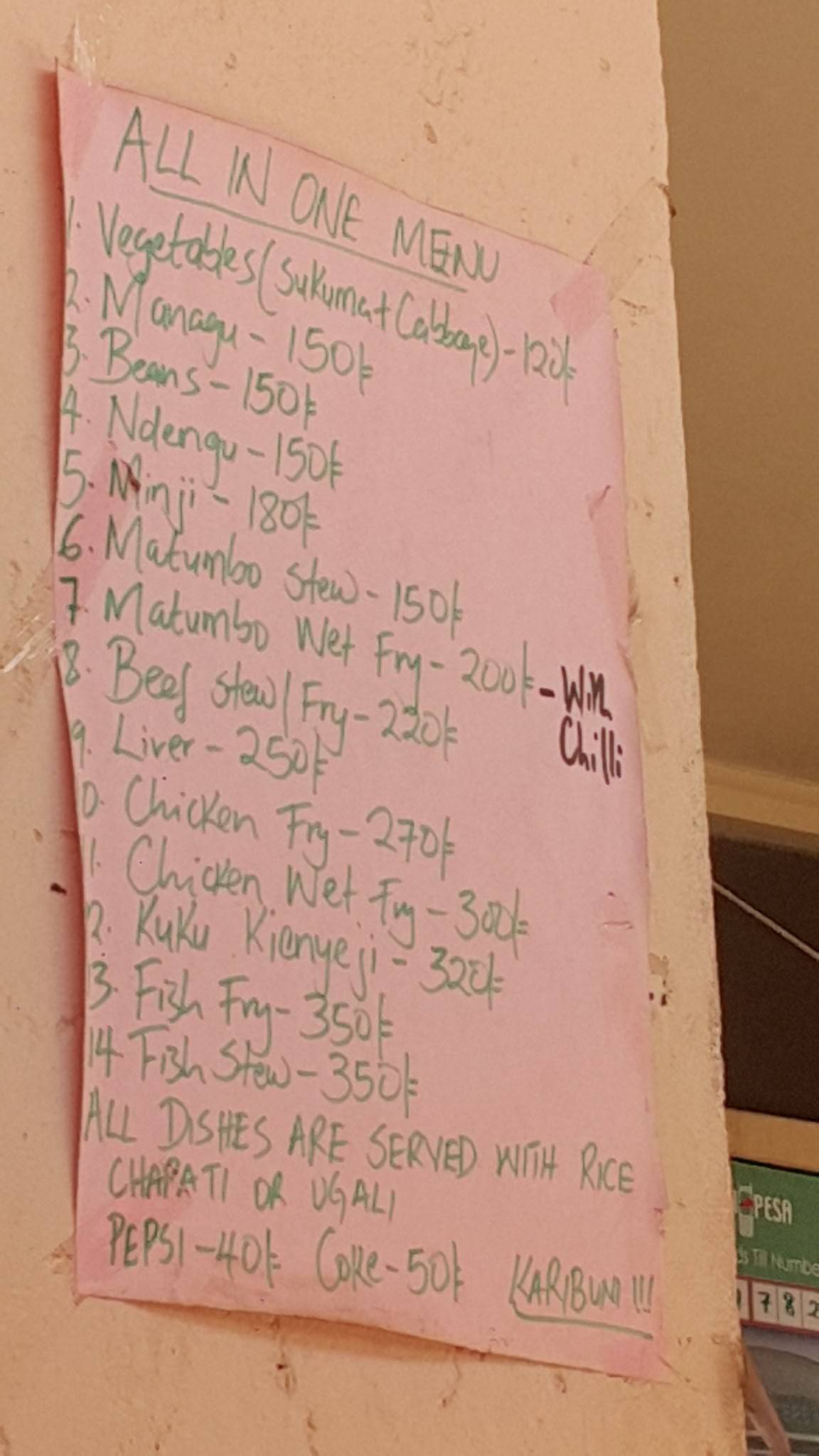 Menu at All In One Restaurant, Nairobi