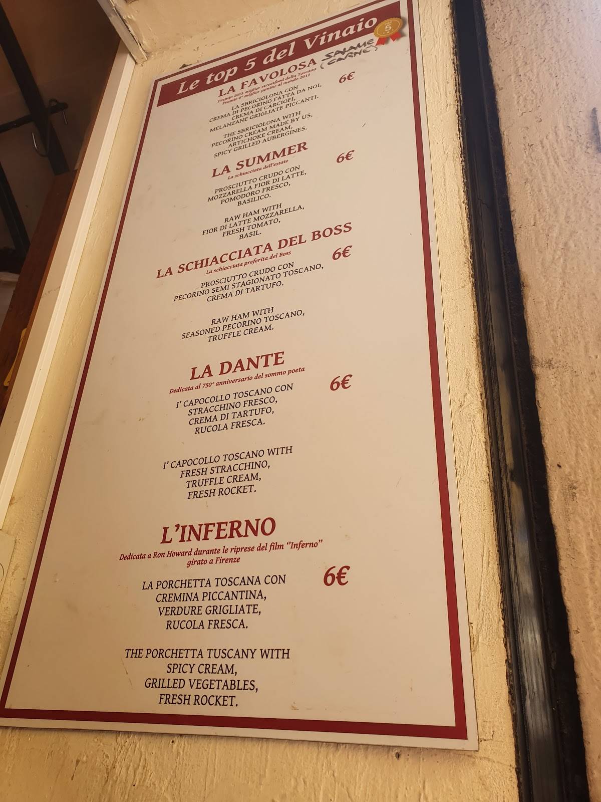 Menu at All’Antico Vinaio cafe, Florence