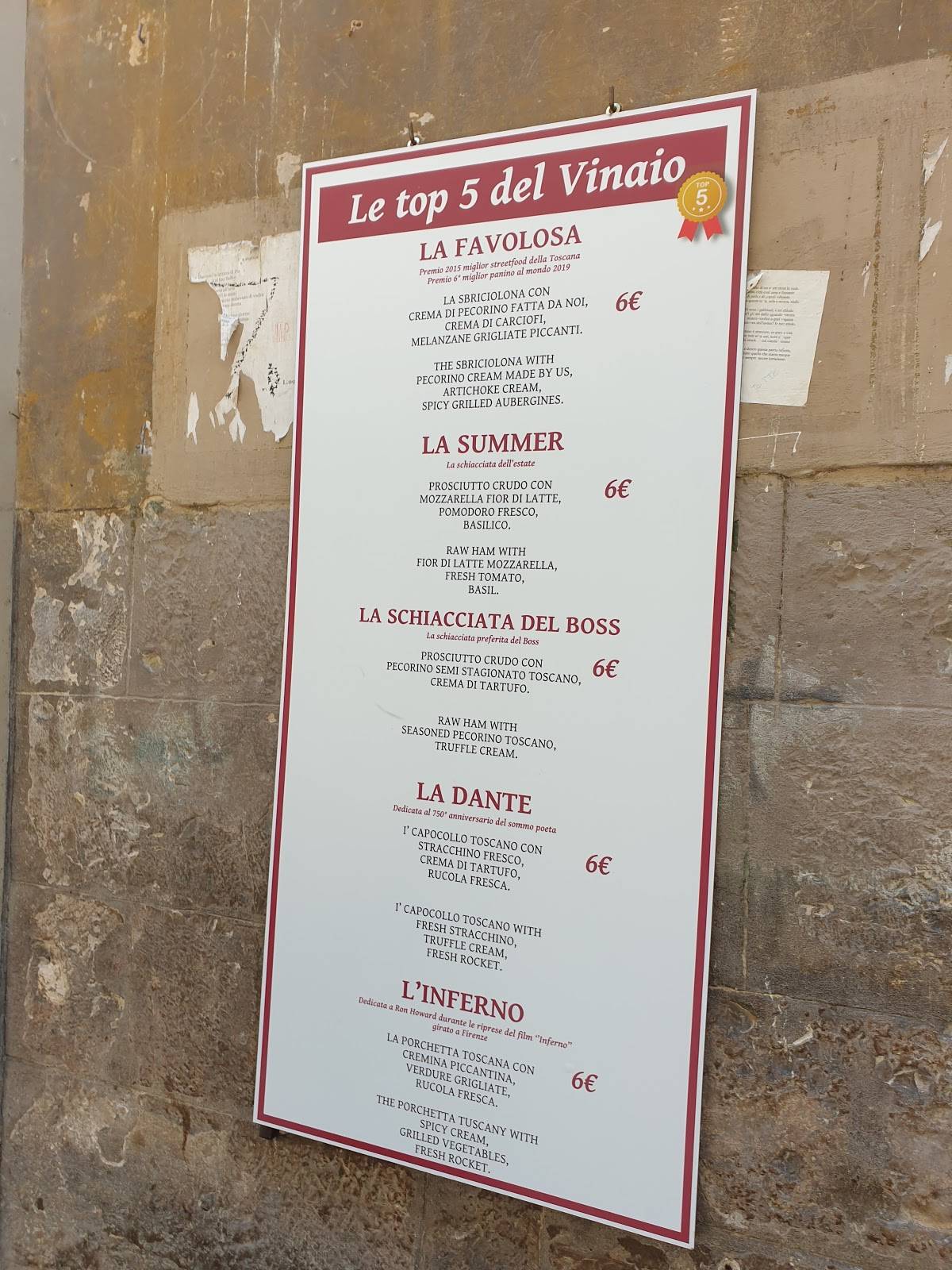 Menu au All’Antico Vinaio café, Florence