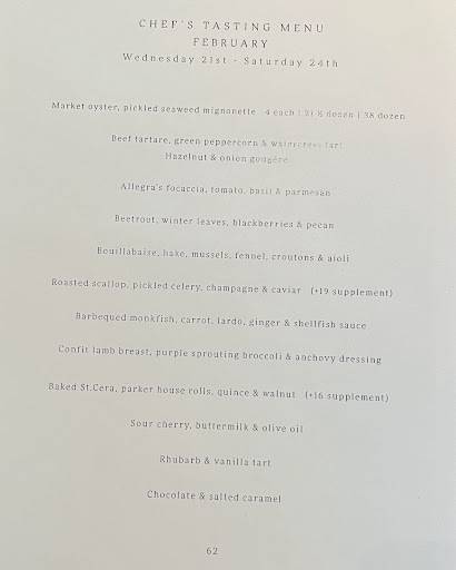 Menu at Allegra restaurant, London