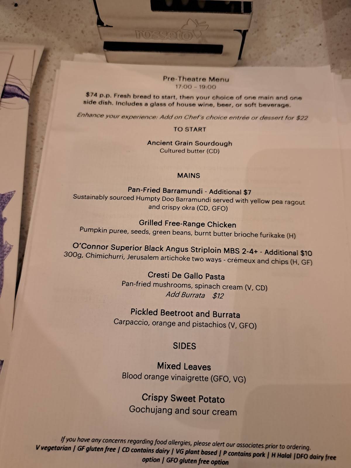 Menu at Allegro Restaurant, Melbourne