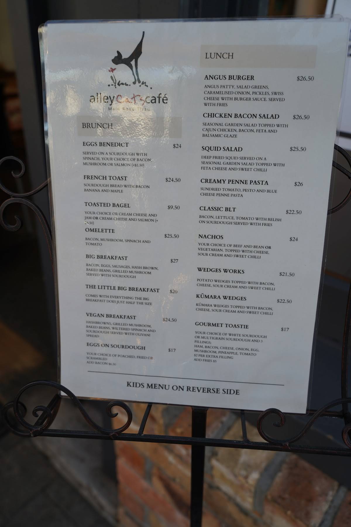 Menu at Alley Cats Cafe, Tirau