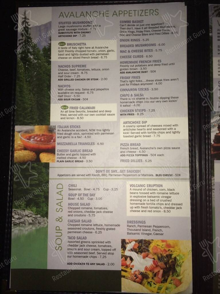 Menu at Alpine Lanes and Avalanche Grill pub & bar, Muskego