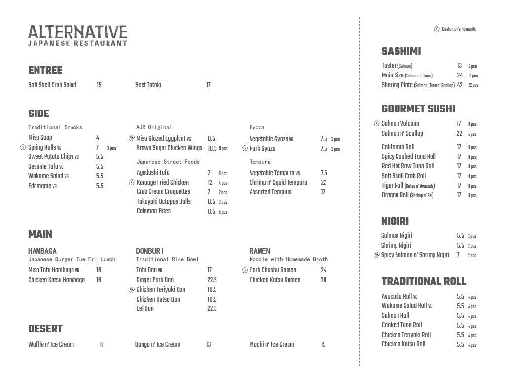 Menu at Alternative Japanese Restaurant & Sake Bar, Huonville