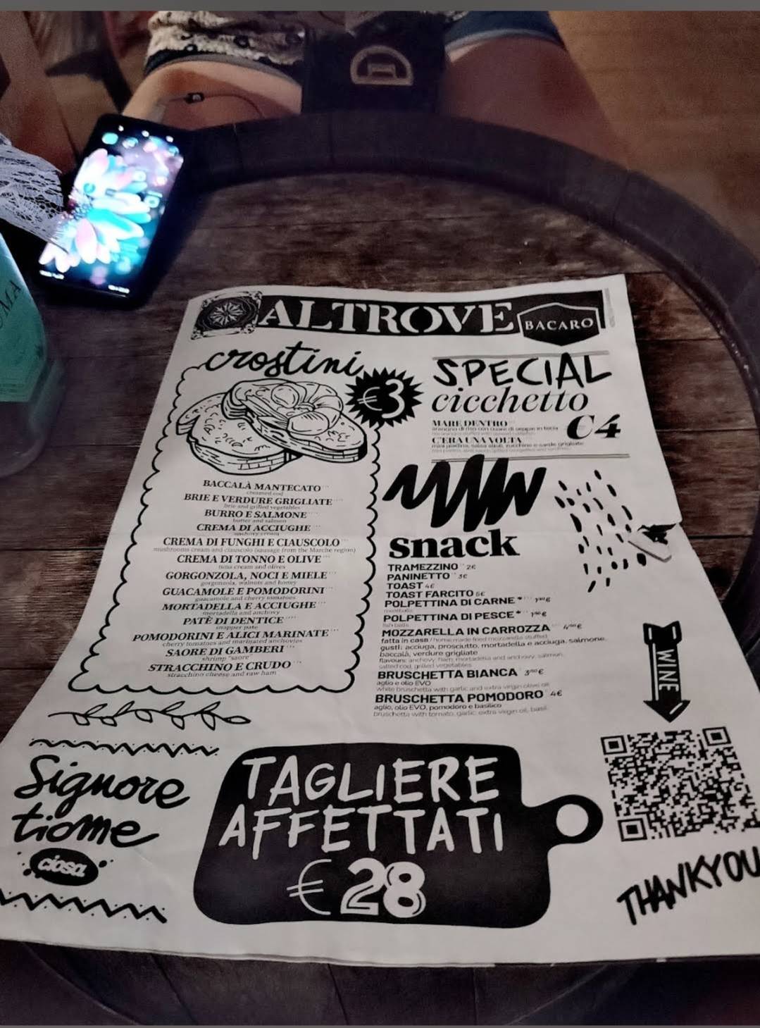 Menu at Altrove Bacaro pub & bar, Chioggia