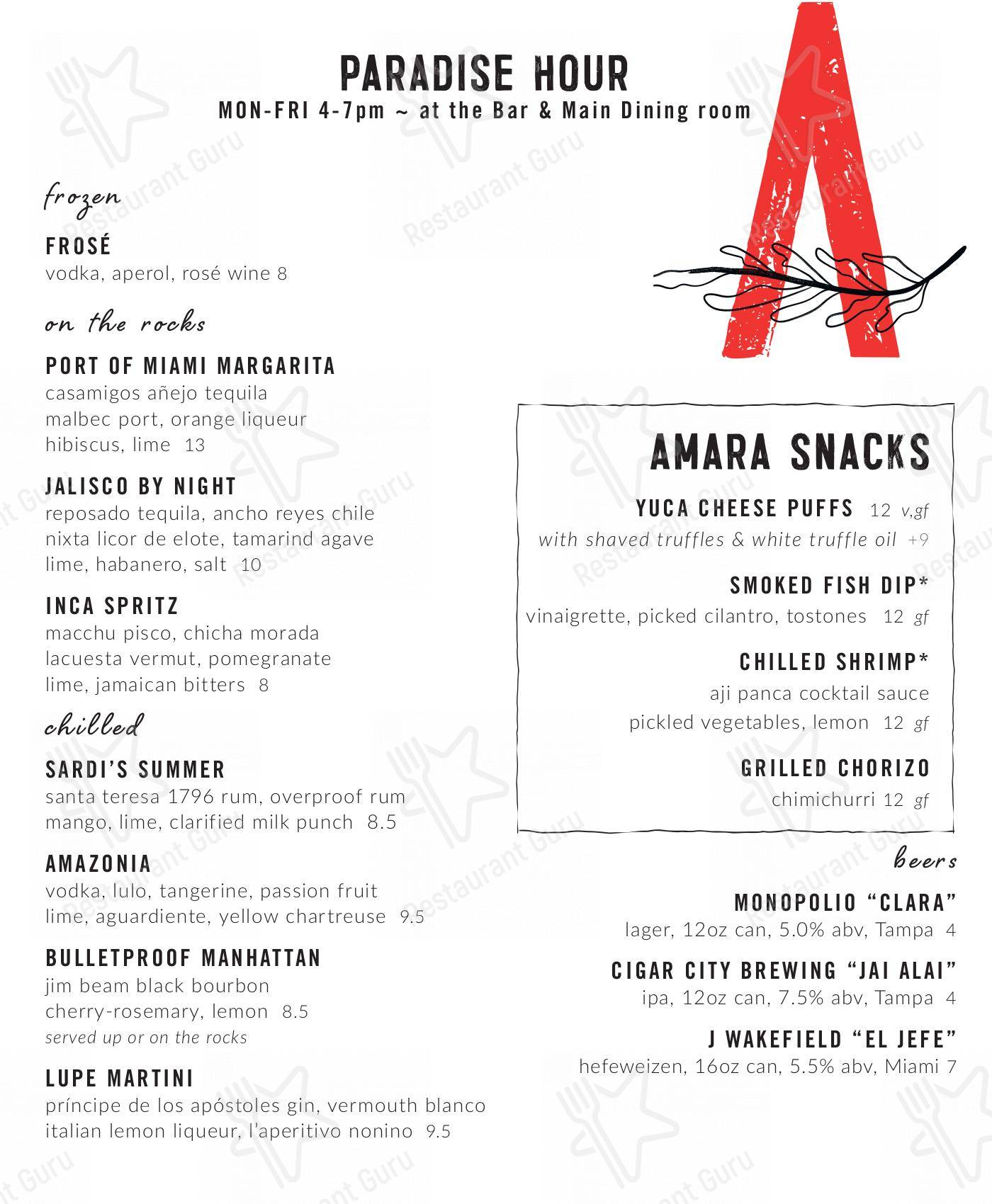 Carta del pub y bar Amara at Paraiso, Miami